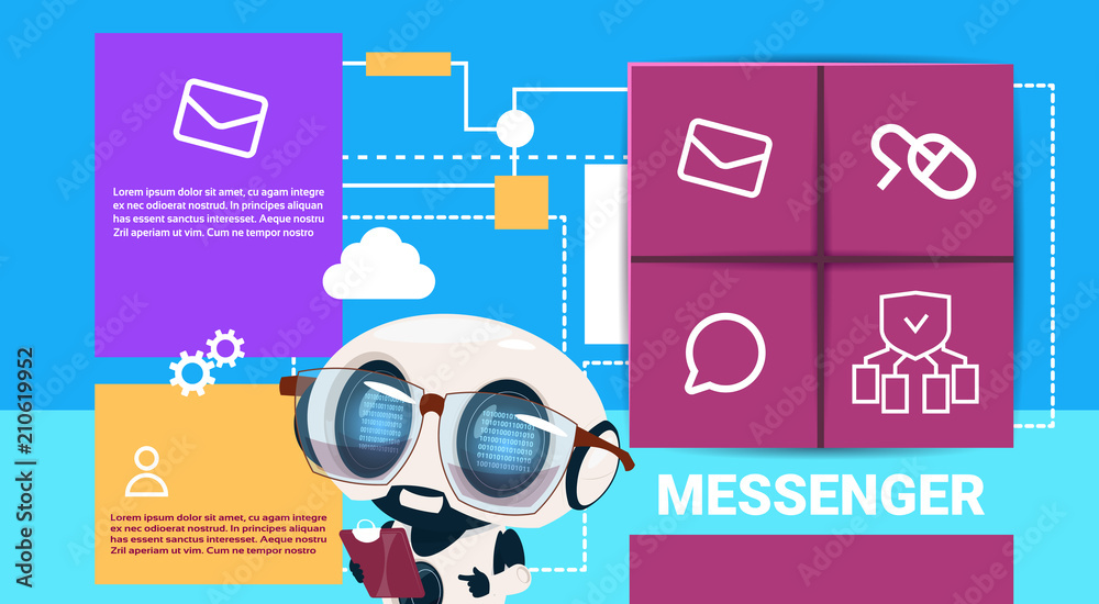 robot with tablet messenger application presentation interface ...