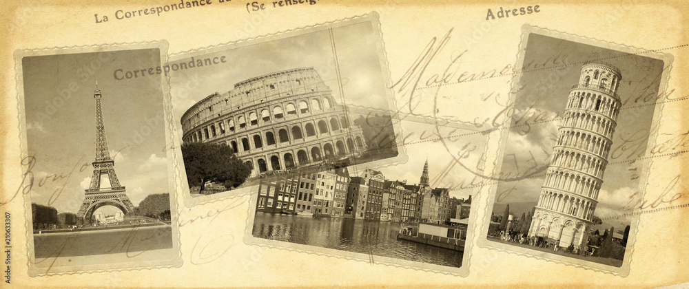 Vintage travel background with retro photos of european landmarks Stock ...