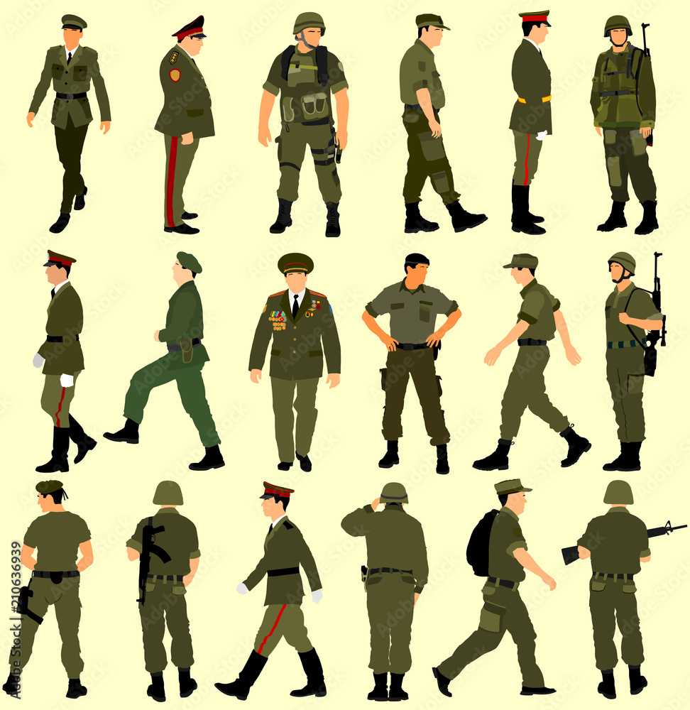Large collection of different soldiers vector illustration isolated on ...