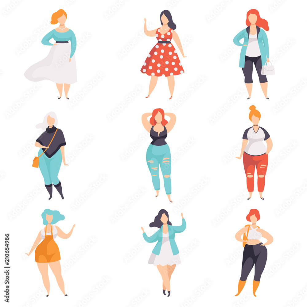 Beautiful plus size women in fashionable clothes set, curvy, overweigh ...