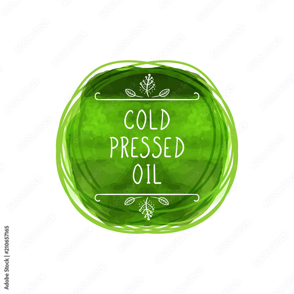 Vector Cold Pressed Oil Label, Green Watercolor Circle, Handwritten ...