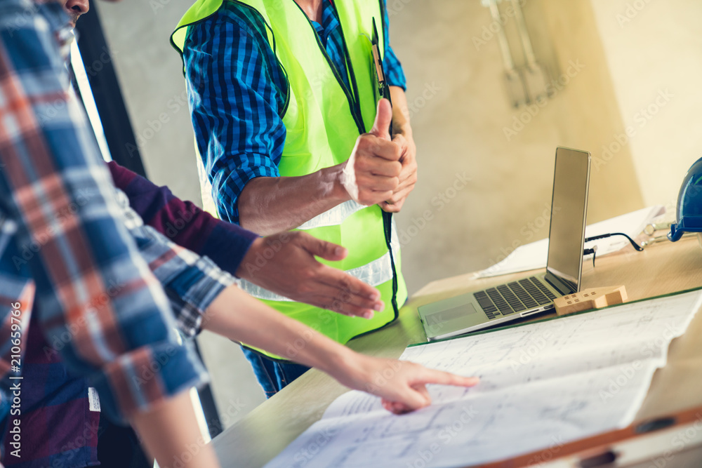 Group of officer teamwork is happy and thumb up to celebrate in success ...