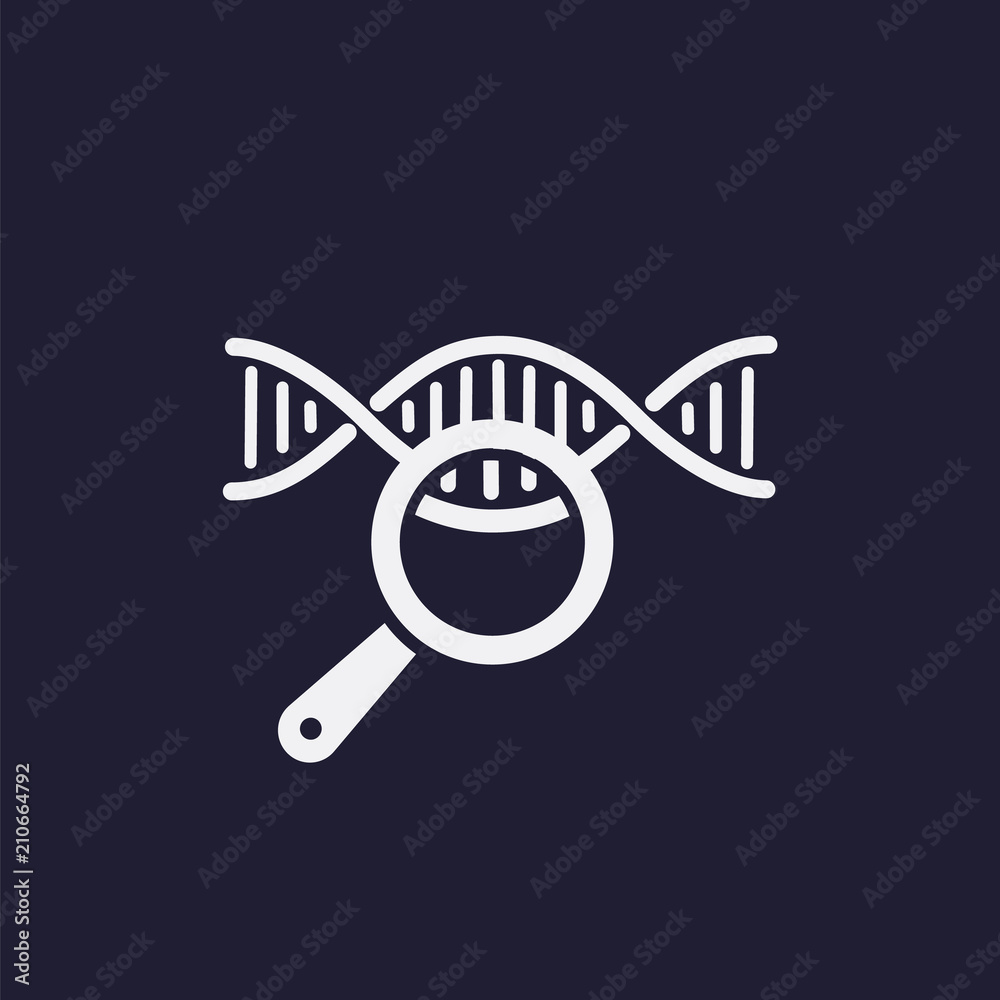 DNA analysis, genetics testing. dna chain in magnifying glass sign ...