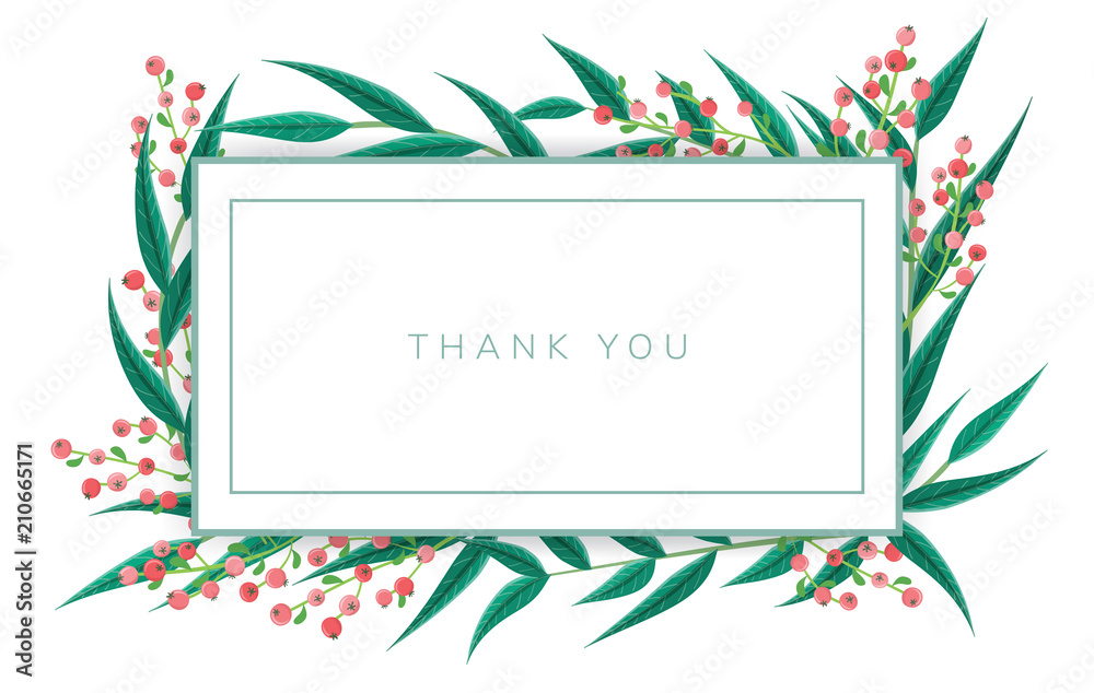 Minimal Thank you note frame with green leaf and red berry. Vector ...
