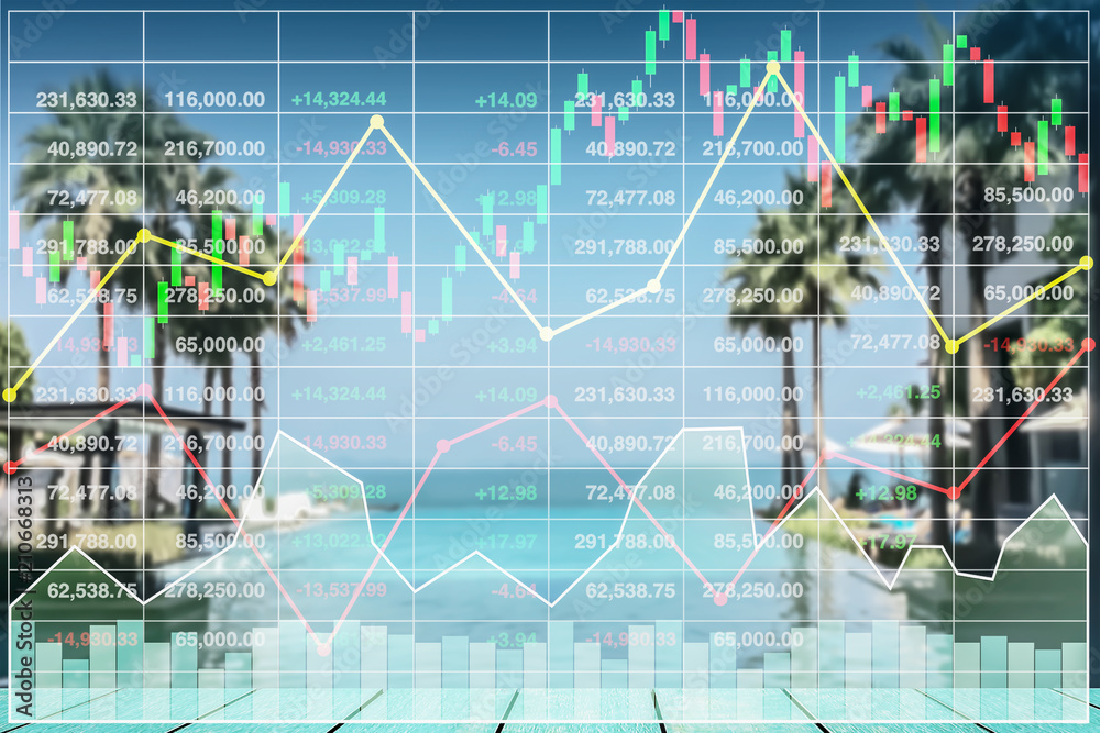 Stock index growth shown by graph and chart in resort hotel travel ...