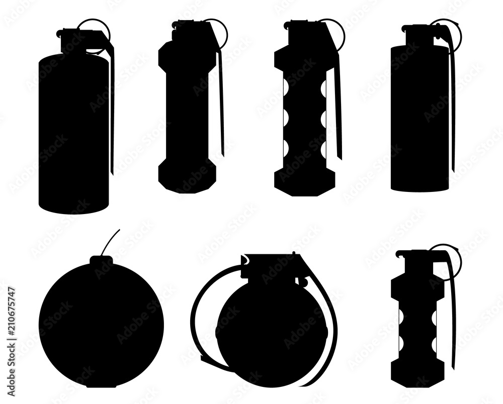 Set of hand grenade silhouettes for design and graphical layouts Stock ...