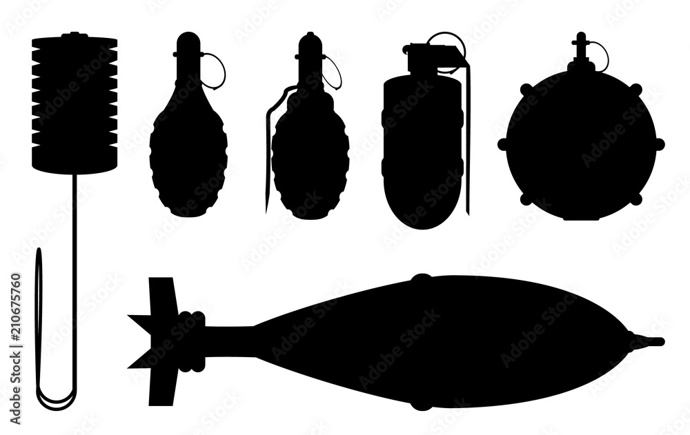 Set of hand grenade silhouettes for design and graphical layouts Stock ...