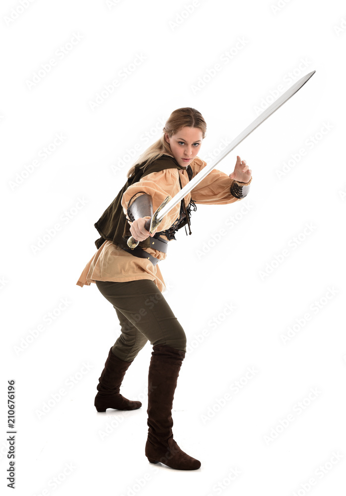 full length portrait of girl wearing brown medieval costume,. standing ...