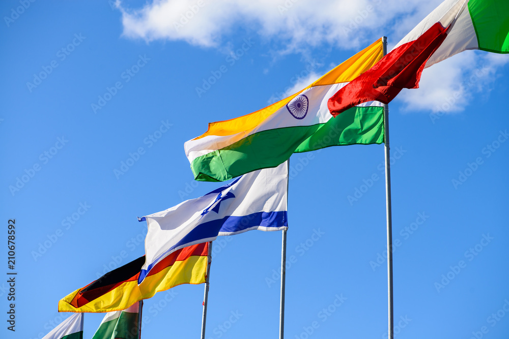 International summit. Flags of different countries blowing in th Stock ...
