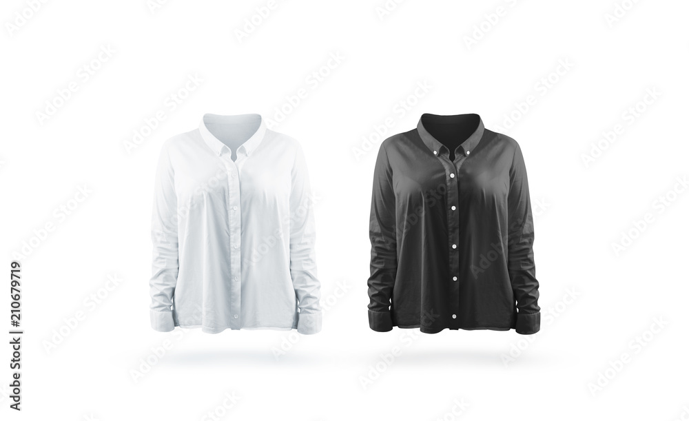 Blank black and white woman shirt mock up set, isolated. Empty classic ...