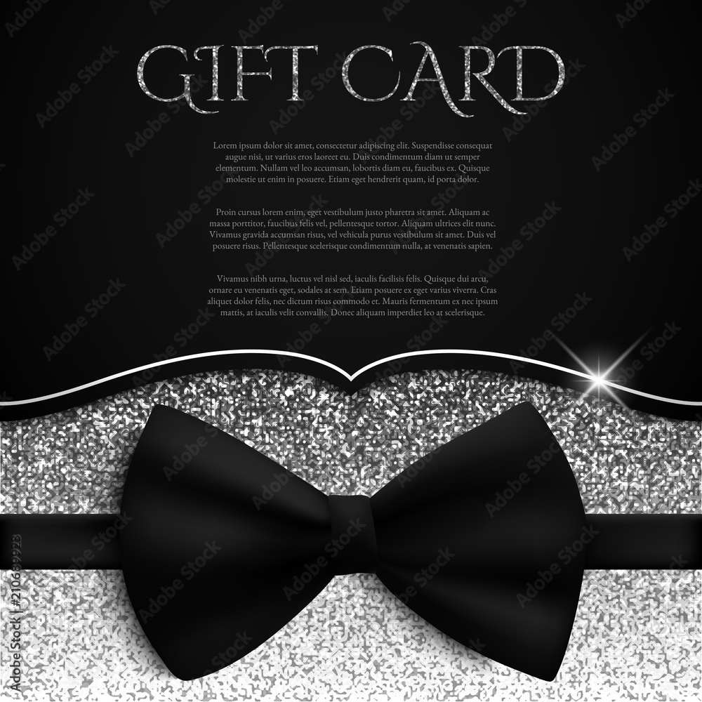 Silver gift card with glitter and bow tie, gift, voucher, certificate ...