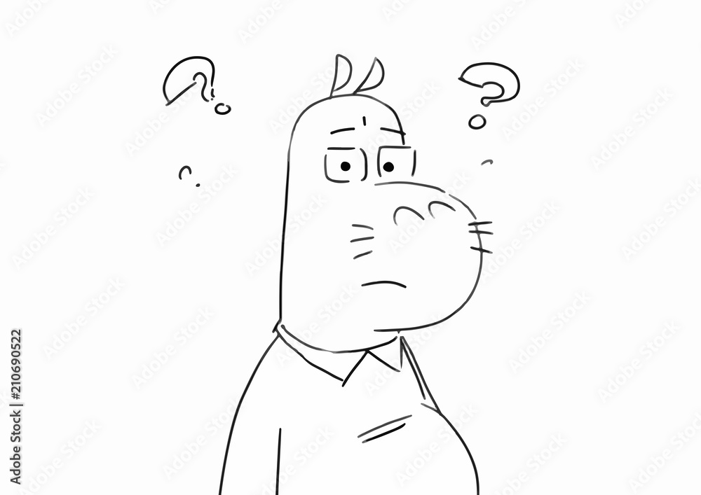 Concerned confused hippo with questions around his head thinks about ...