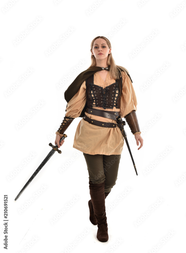 full length portrait of girl wearing brown medieval costume,. standing ...