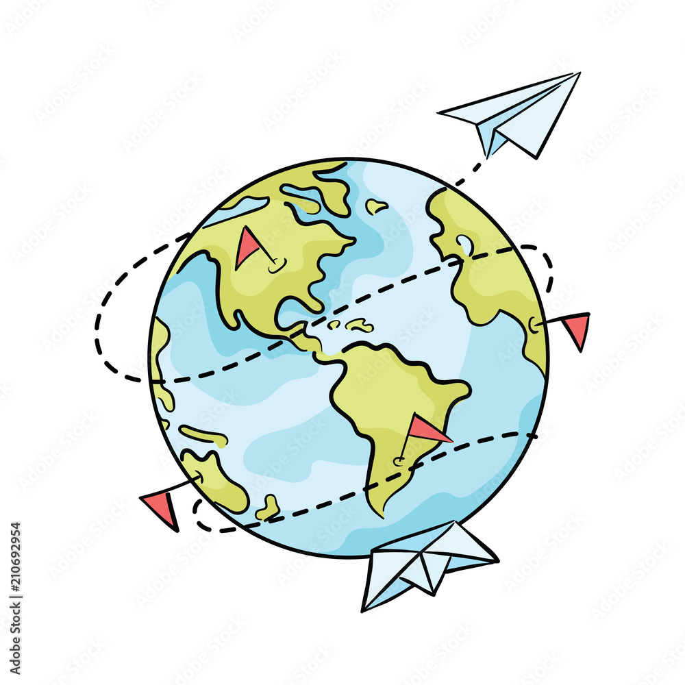 Cartoon planet with paper ships and airplanes. Illustration of travel ...
