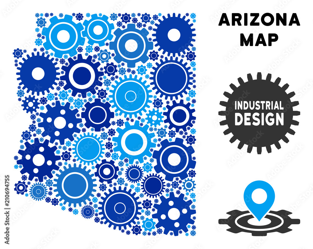 Industrial Arizona State map collage of gears. Abstract territorial ...