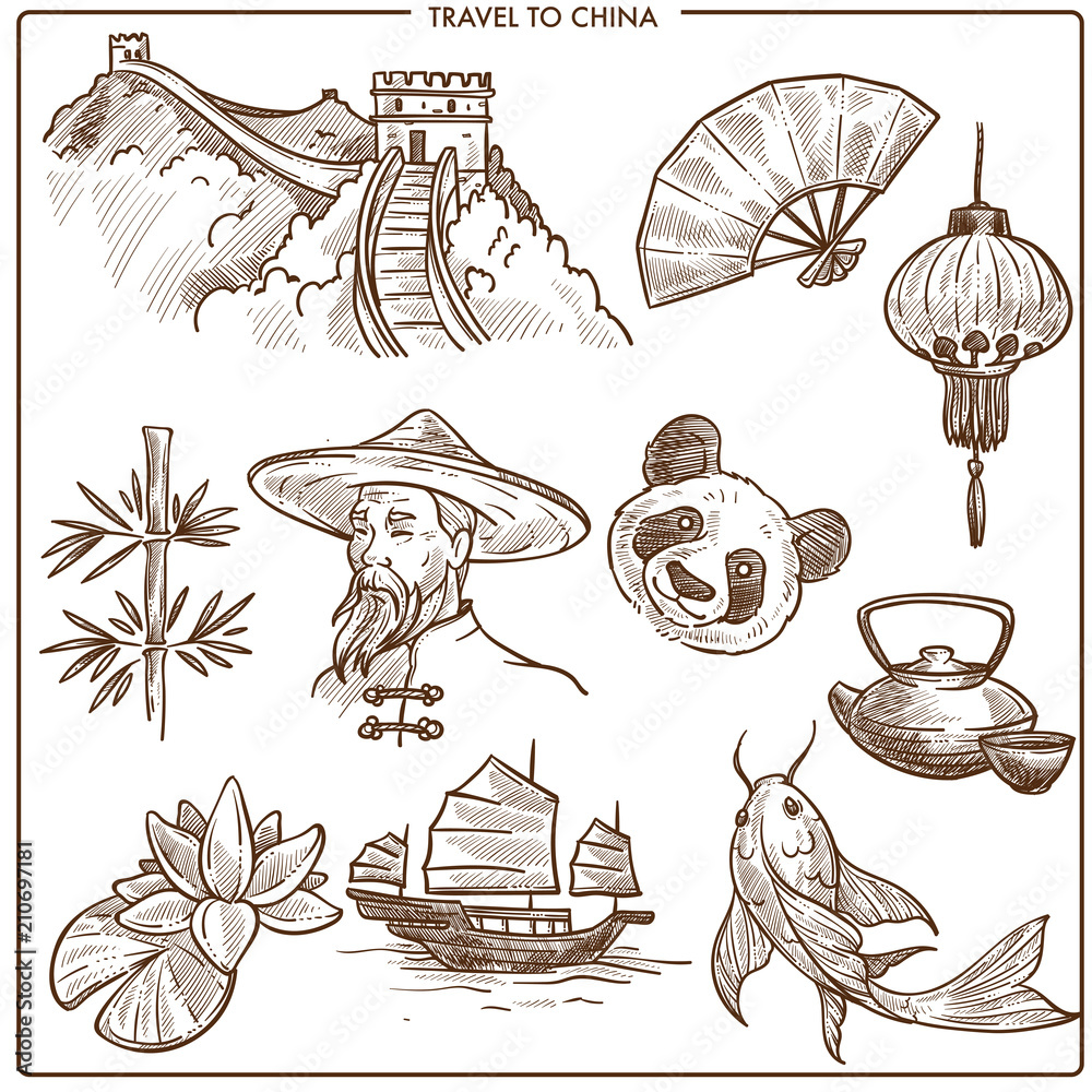 China travel symbols and vector sketch landmarks Stock Vector | Adobe Stock