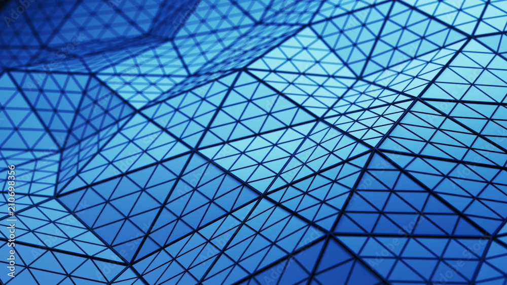 Blue low poly triangulated shape with subdivided polygons 3D rendering ...