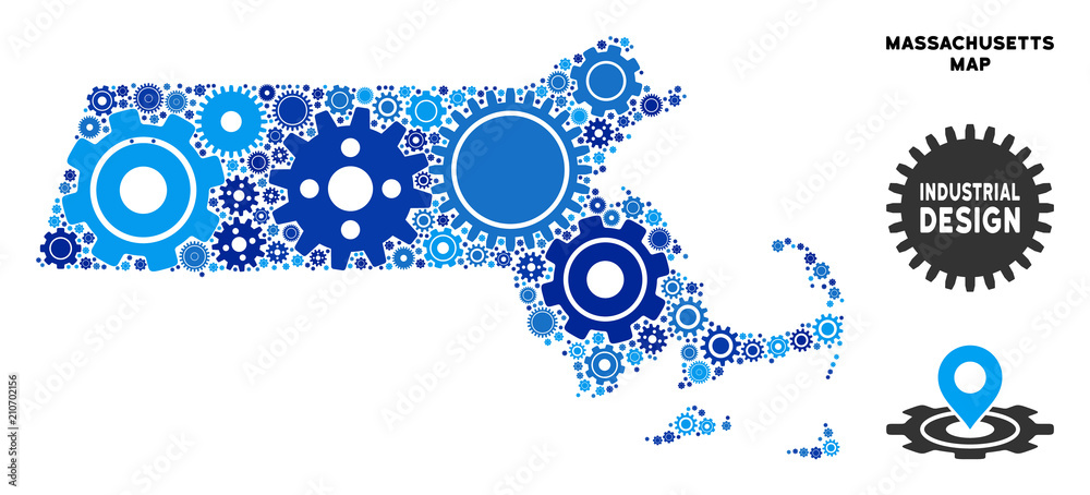 Industrial Massachusetts State map collage of gears. Abstract ...