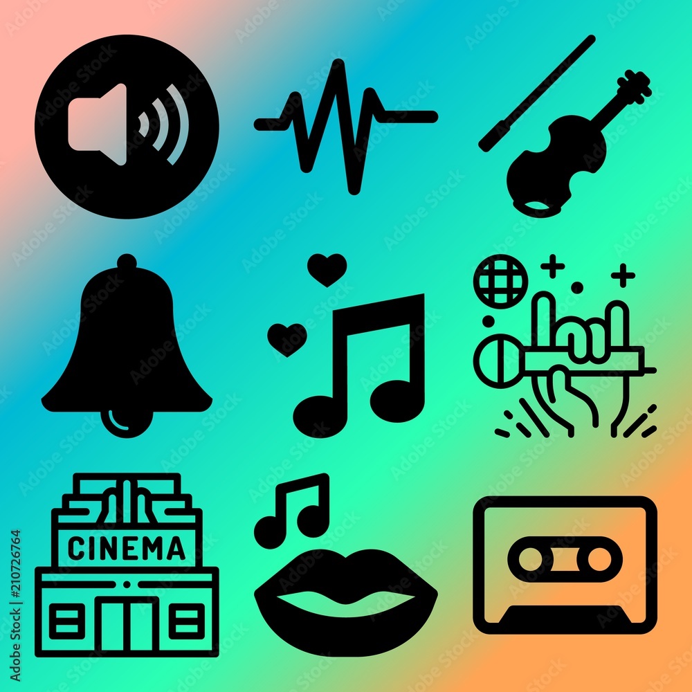 Vector icon set about music player with 9 icons related to room, brush ...