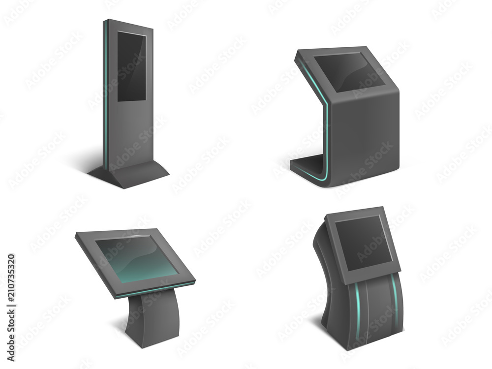Vector realistic set of interactive information kiosks, black stands ...