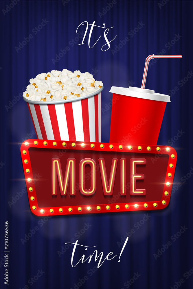 It's movie time banner template. Vector pop corn basket, cola cup and ...