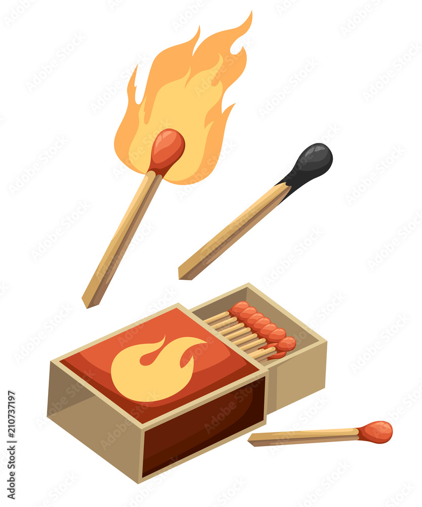 Collection of matches. Burning match with fire, opened matchbox, burnt ...