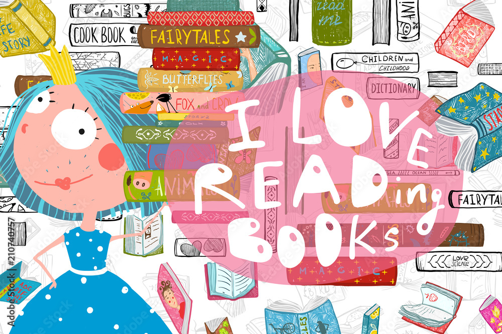 I love reading lettering greeting card design. Vector cartoon. Stock ...