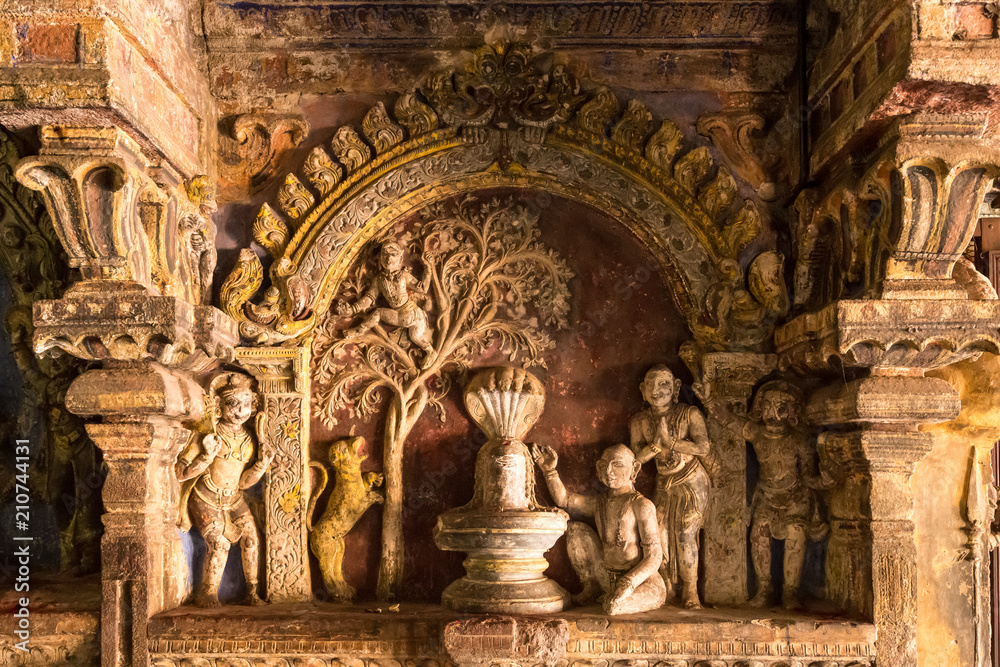 Ornamented wall at Brihadeshwara Indian temple, Thanjavur, Tamil Nadu ...