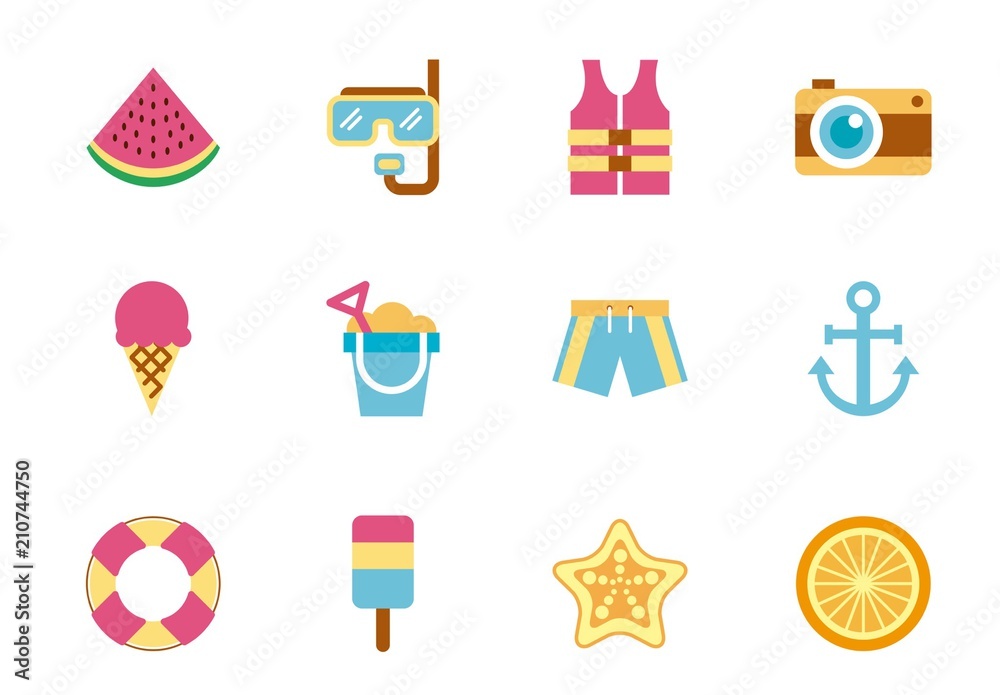 Colorful Summer Beach Travel Fruit Holiday Icons Set Stock Template ...