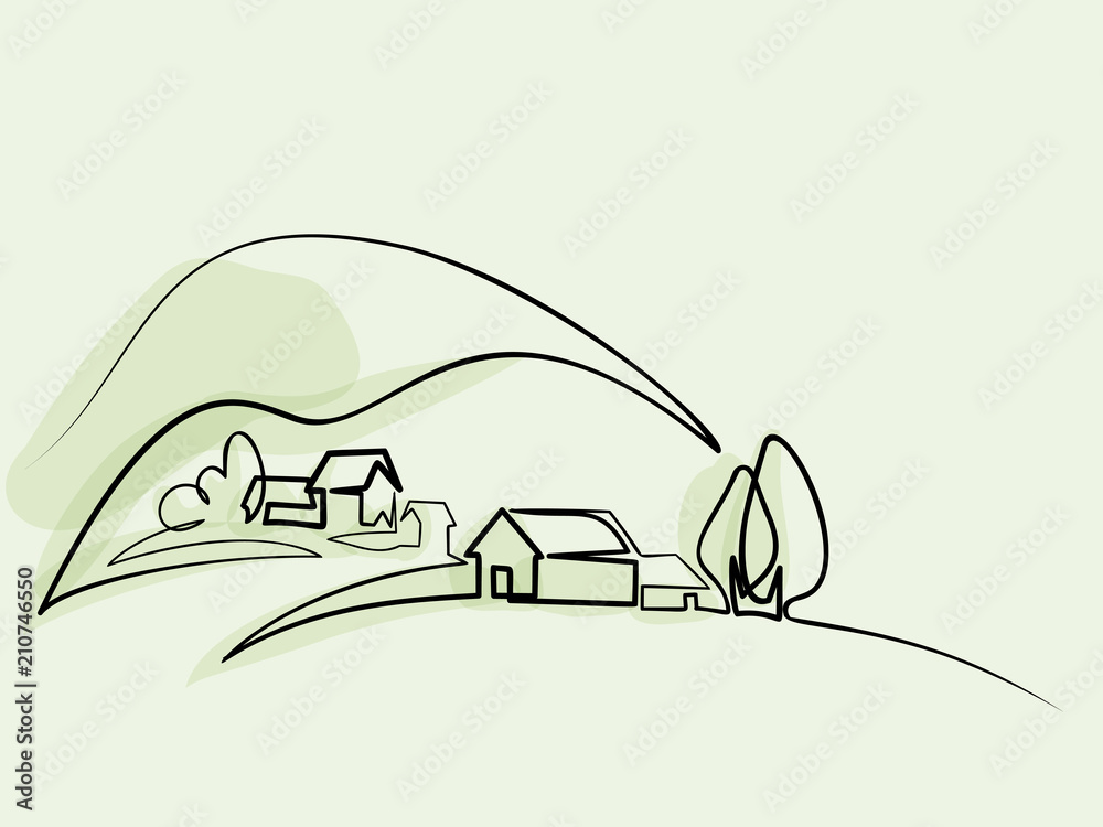 Continuous line drawing. Landscape with village on hill. Vector color ...