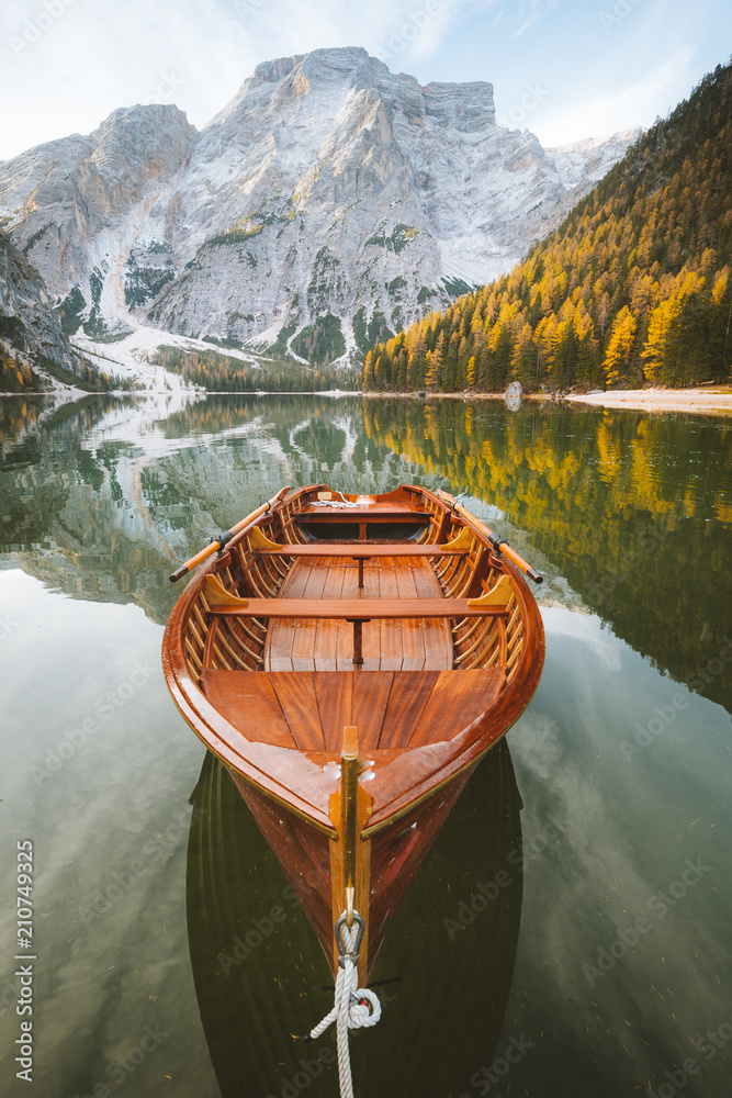 Old rowing boat at Lago di Braies in the Dolomites, South Tyrol, Italy ...