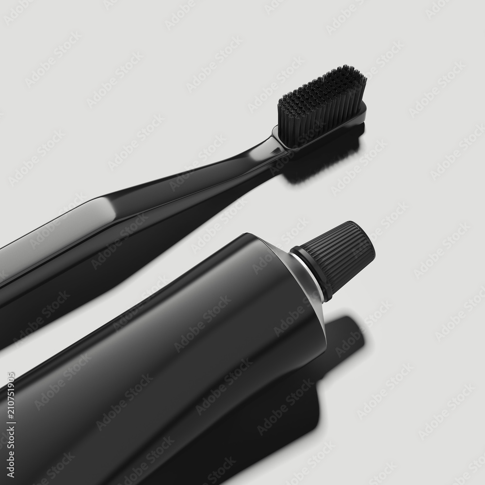 Black toothpaste tube and black toothbrush on white background, 3d ...