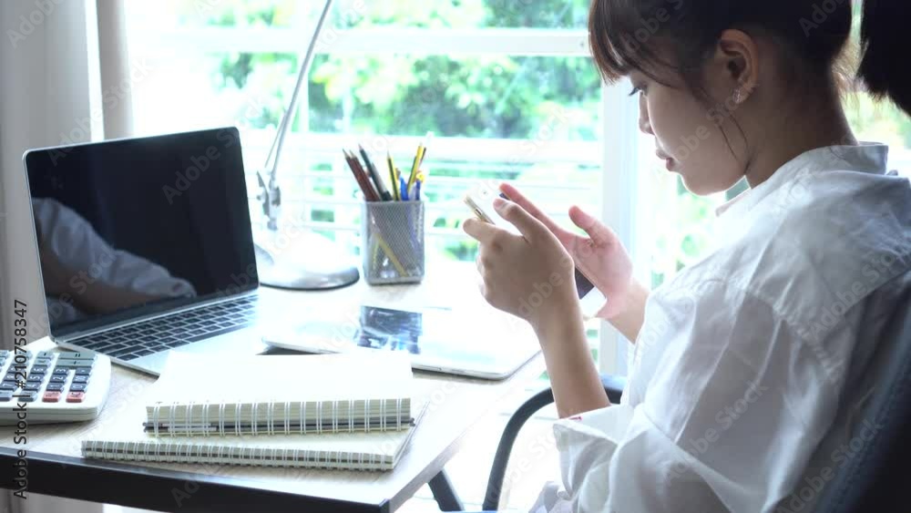 Student learning online study concept: Beautiful Asian girl learning ...