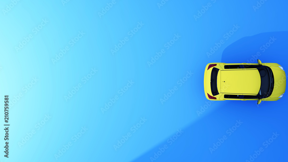 Top view yellow car on blue floor - Top view car on blue background for ...