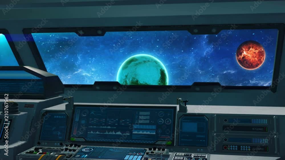Spaceship cockpit interior, inside of alien spacecraft cabin in space ...