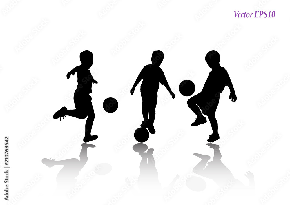 Set of child playing football at studio. Isolated on white background ...