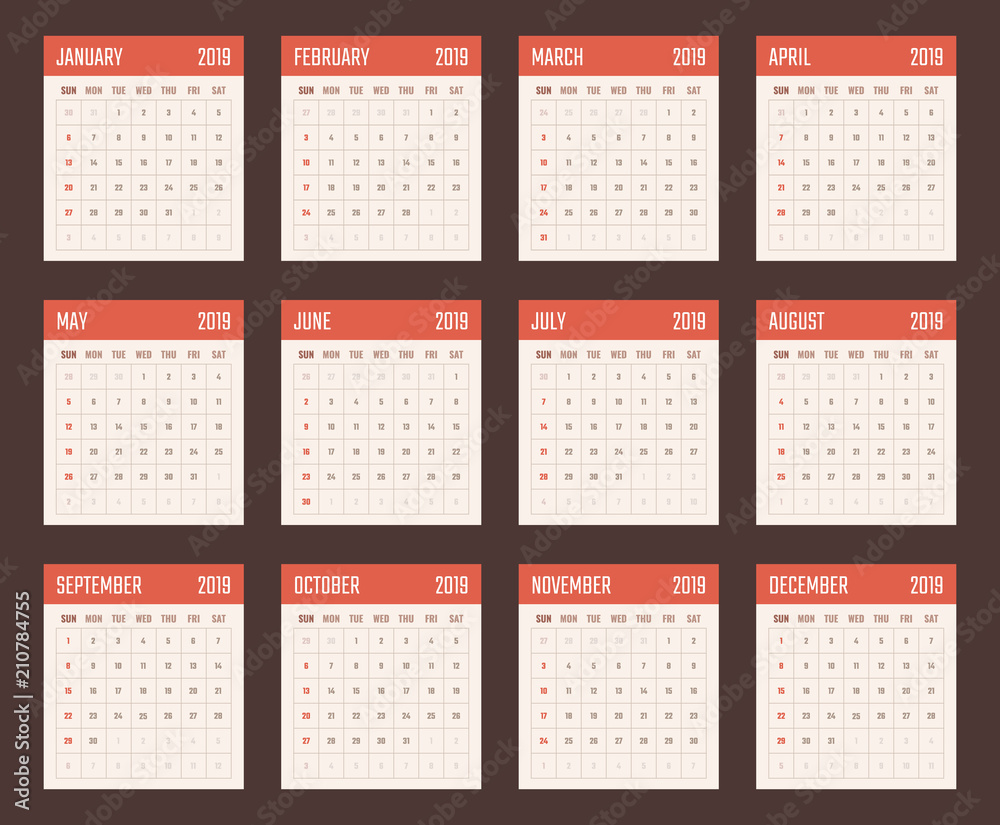 2019 year calendar, calendar design for 2019 starts sunday Stock Vector ...