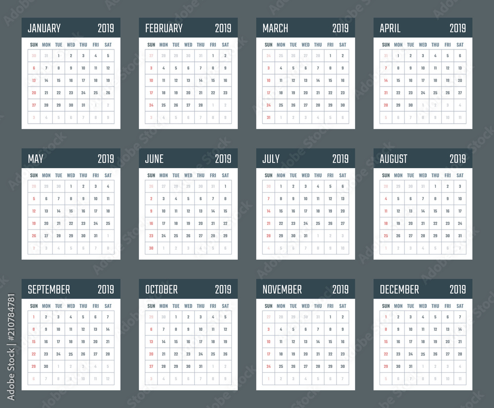 2019 year calendar, calendar design for 2019 starts sunday 素材庫向量圖 ...