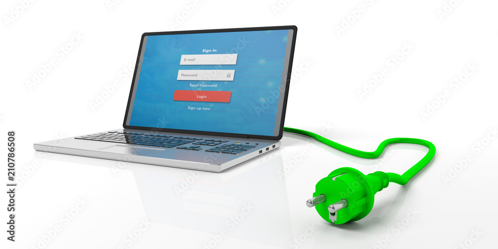 Green power plug on computer laptop isolated on white background. 3d ...