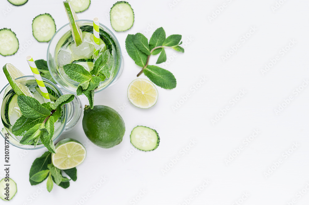 Fresh detox spring cocktail with mint, lime, ice, cucumber, straw as ...