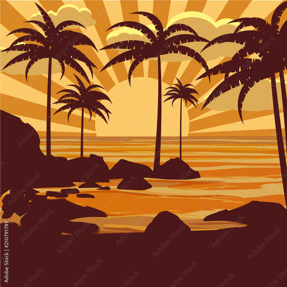 Vector floral tropical background with palm trees, palms silhouettes ...