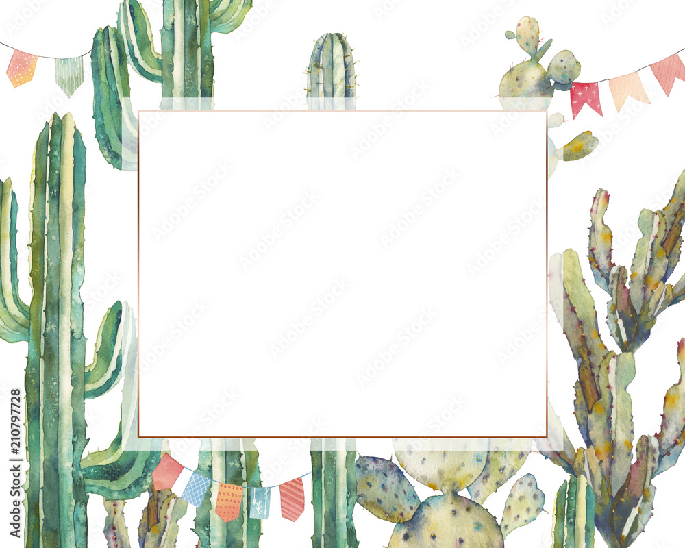 Watercolor cactus party card in boho chic style. Hand drawn greeting ...