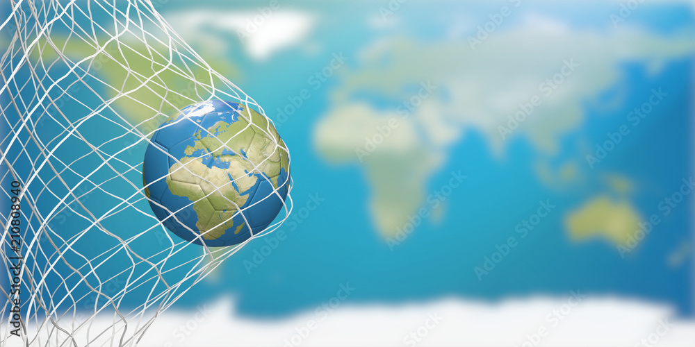 world map over soccer ball in soccer net. goal 3D-Illustration Stock ...