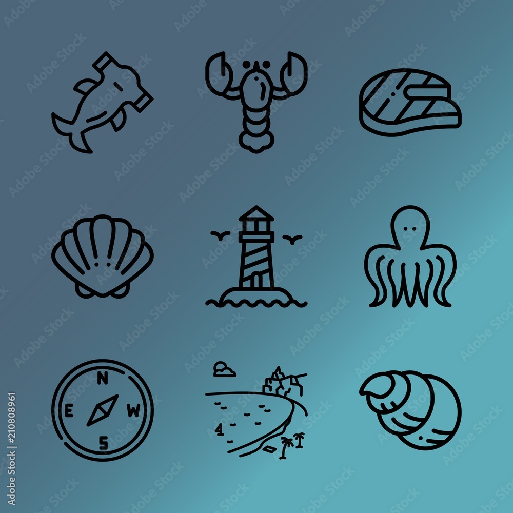Vector icon set about sea with 9 icons related to sea, world, ink, blue ...