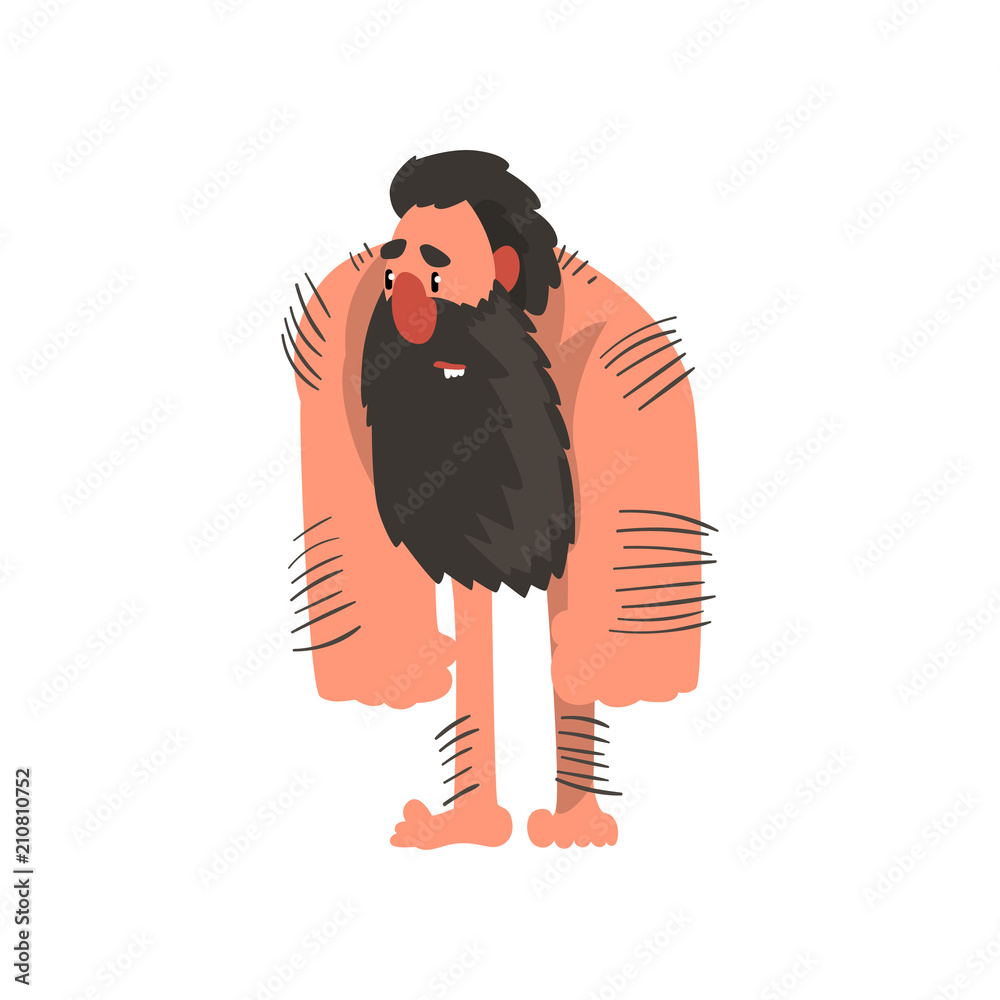 Muscular bearded primitive caveman, stone age prehistoric man character ...