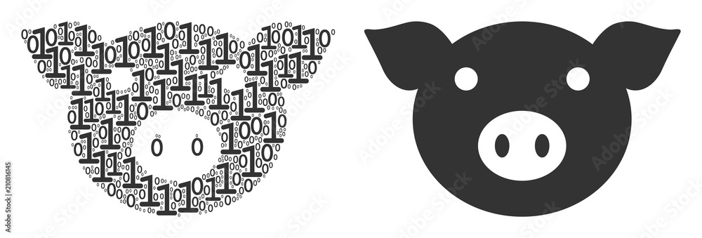 Pig head composition icon of binary digits in variable sizes. Vector ...