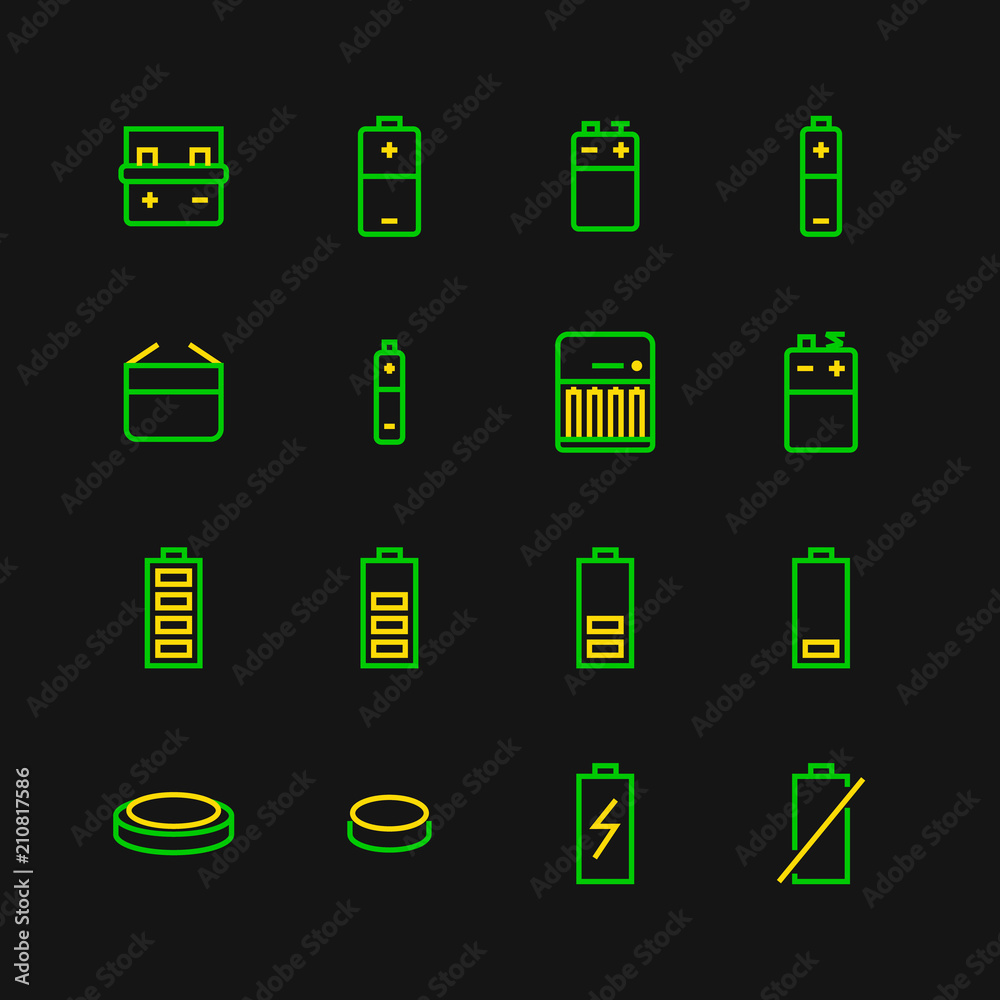 Battery flat line icons. Batteries varieties illustrations - aa ...