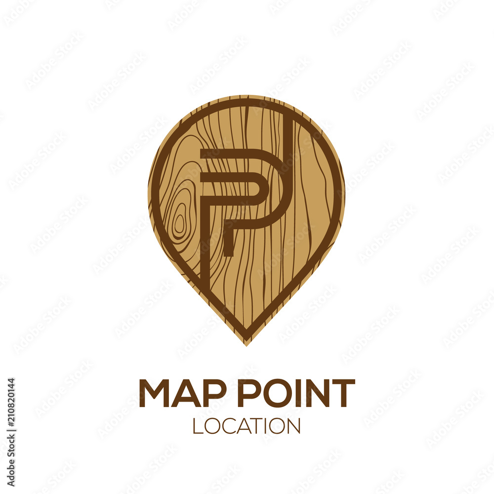 Letter P Logo Map Point Location with wooden texture, Pin maps symbol ...