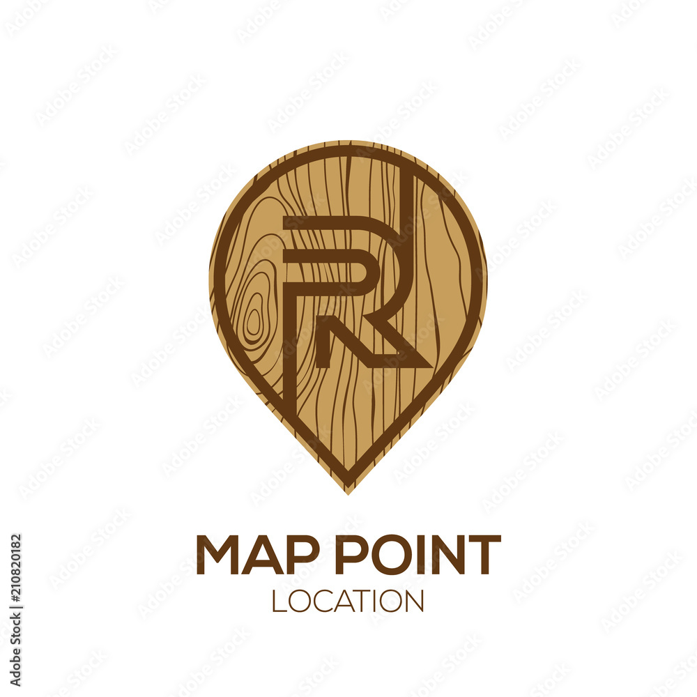 Letter R Logo Map Point Location with wooden texture, Pin maps symbol ...