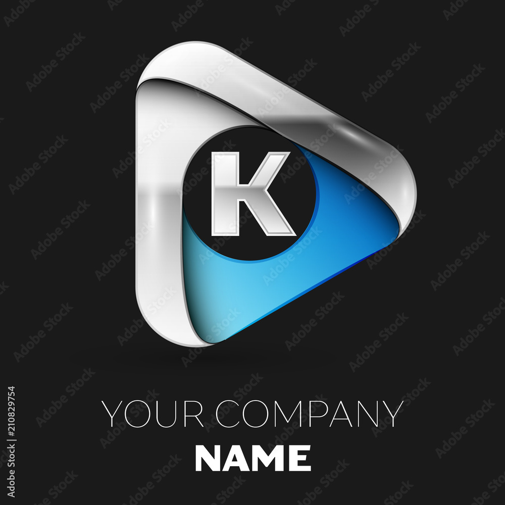 Realistic Silver Letter K logo symbol in silver-blue triangle shape on ...